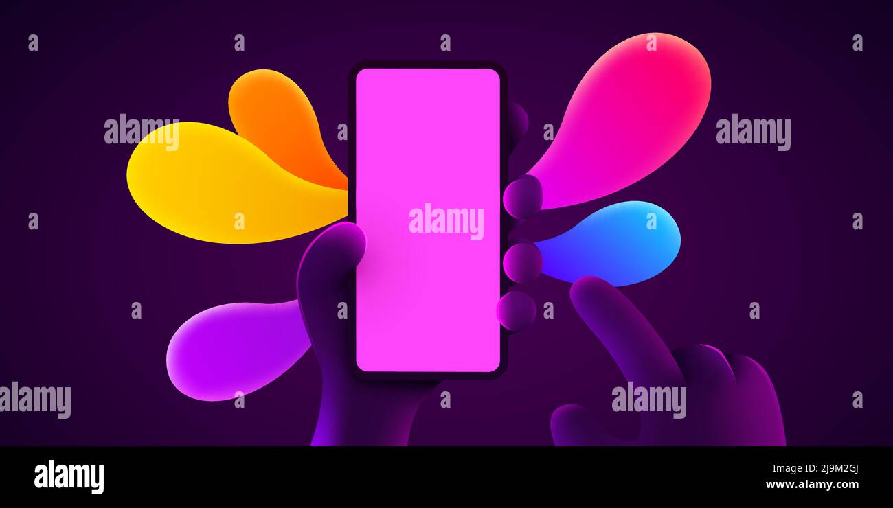 Cute cartoon hand holding mobile smart phone. Color explosion. Touching ...