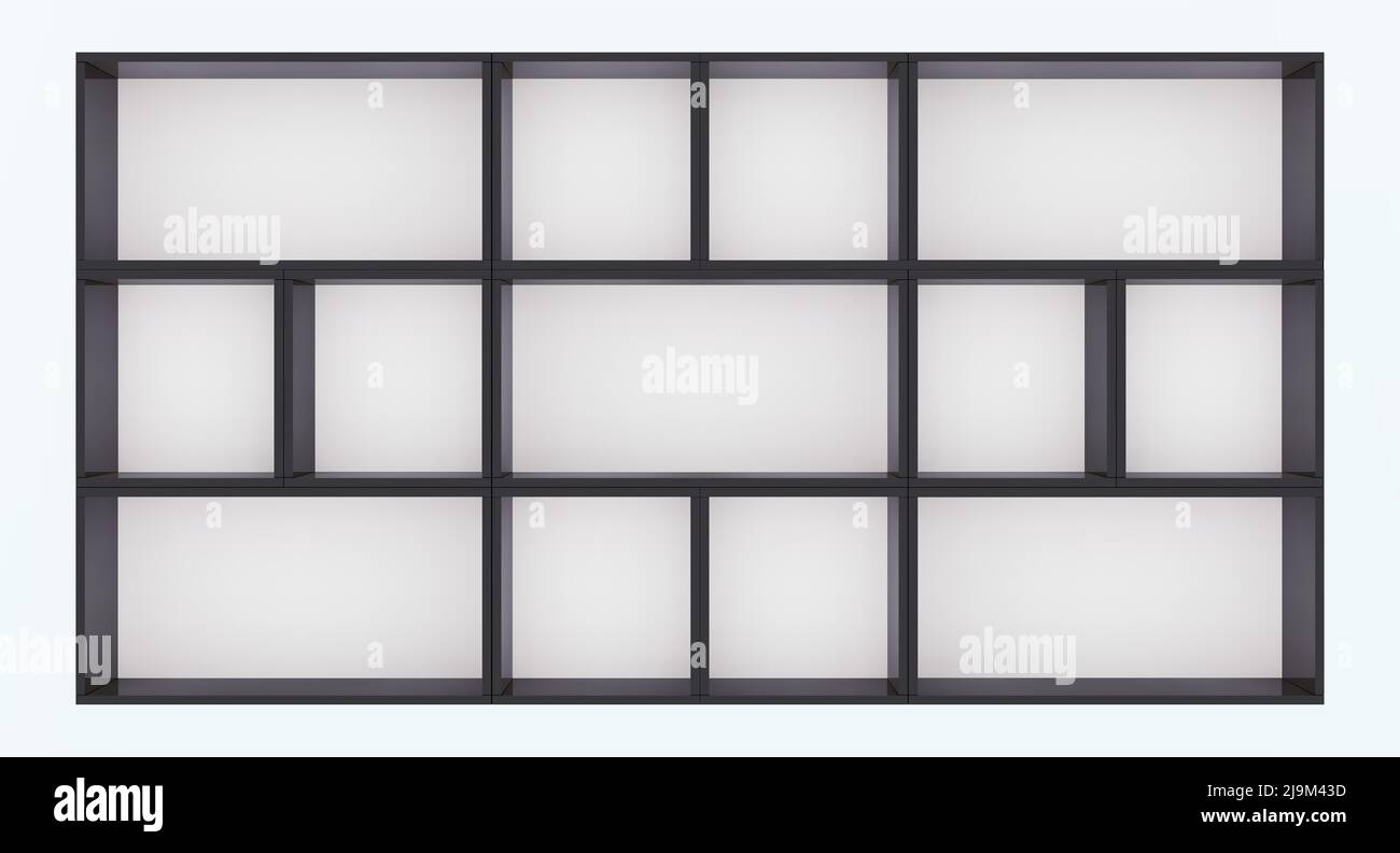 3D vector mockup of black empty cabinet with shelves on white wall ...