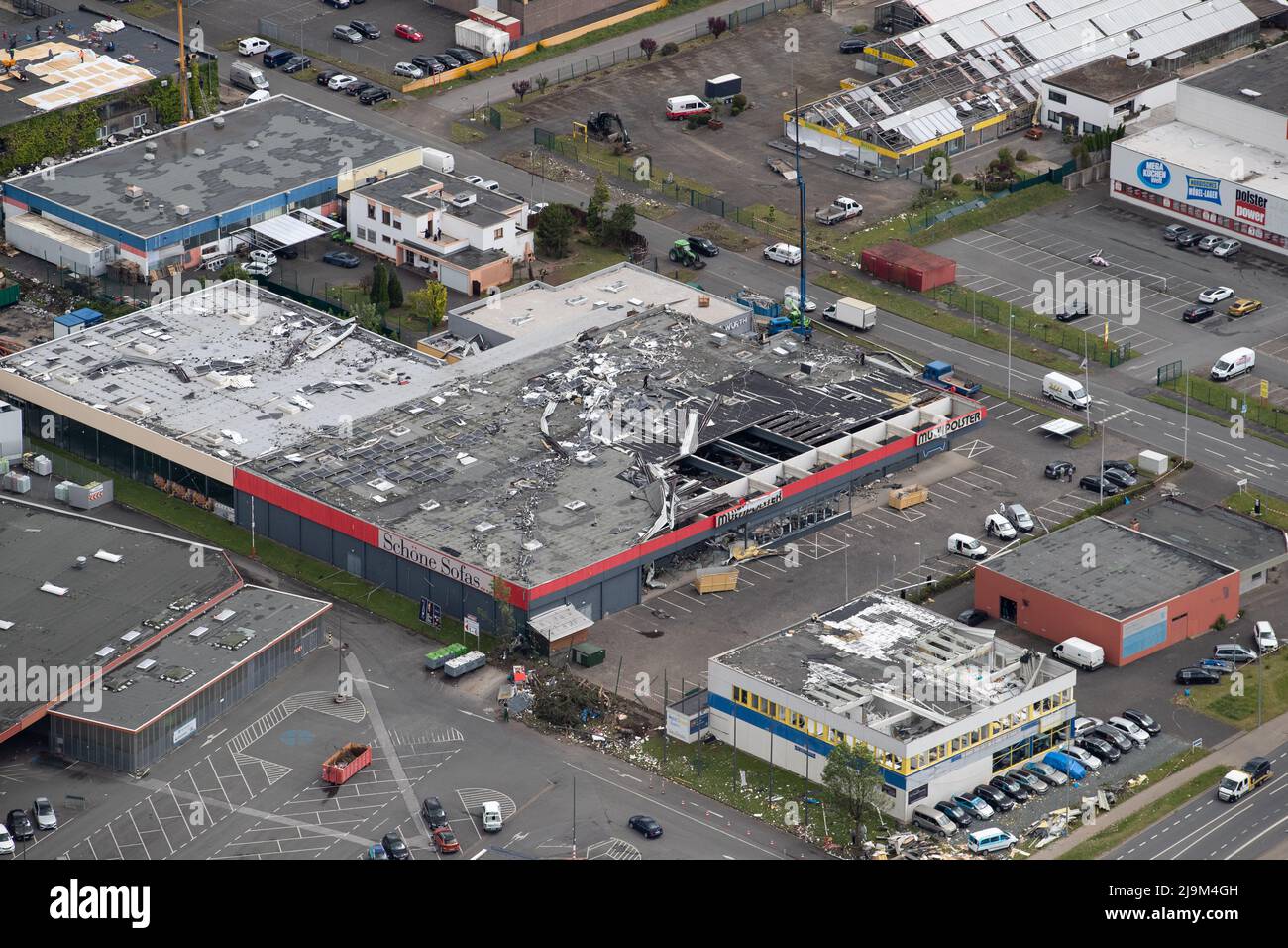 Paderborn, Germany. 24th May, 2022. The aerial photo shows the damaged ...