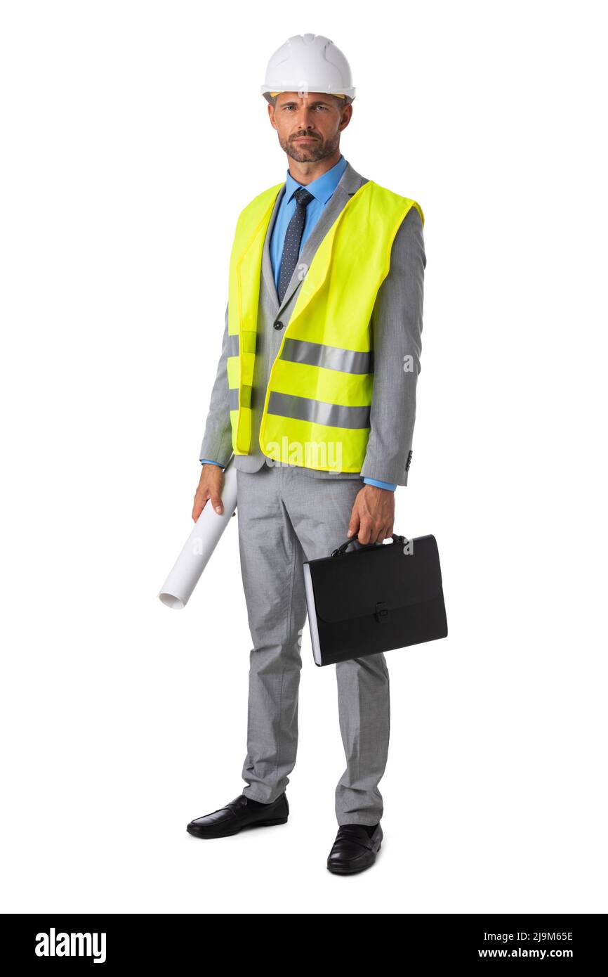 Full length portrait of a male engineer holding a blueprint and ...