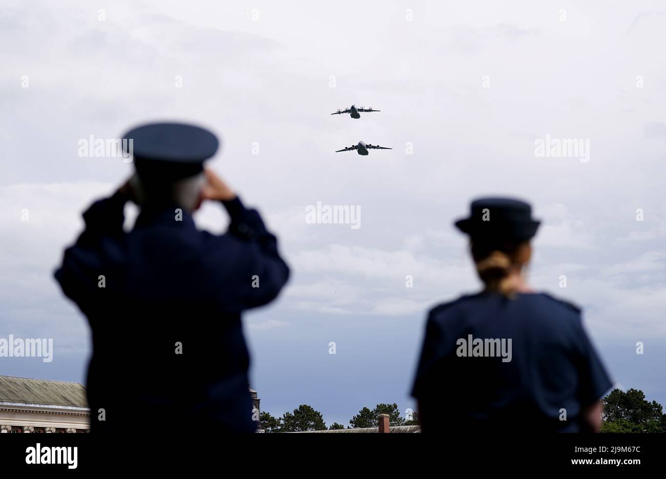 A C-17 Globemaster and an Airbus A400M Atlas are seen overhead as ...