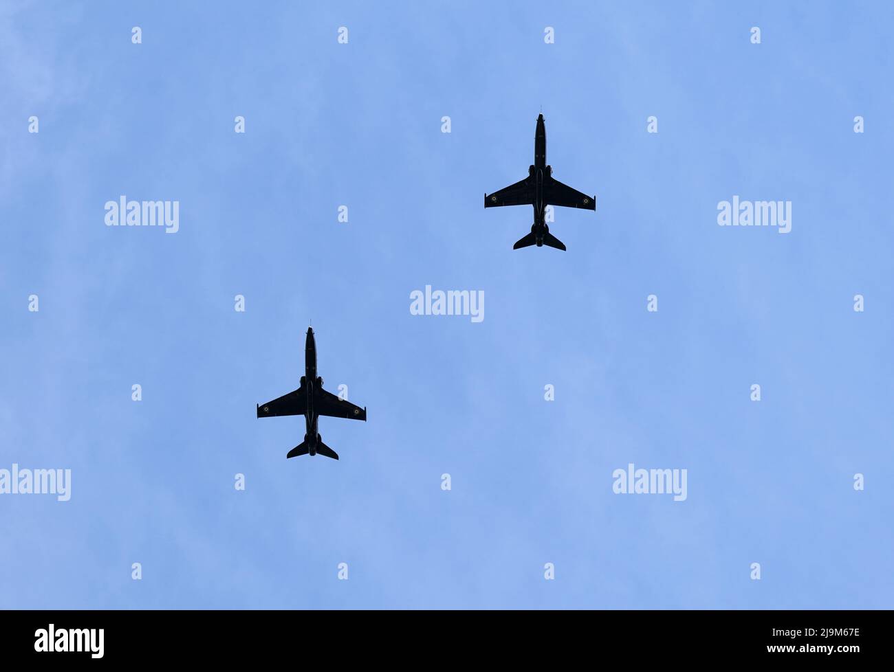 Hawk training jets are seen overhead as aircraft from the Royal Navy ...