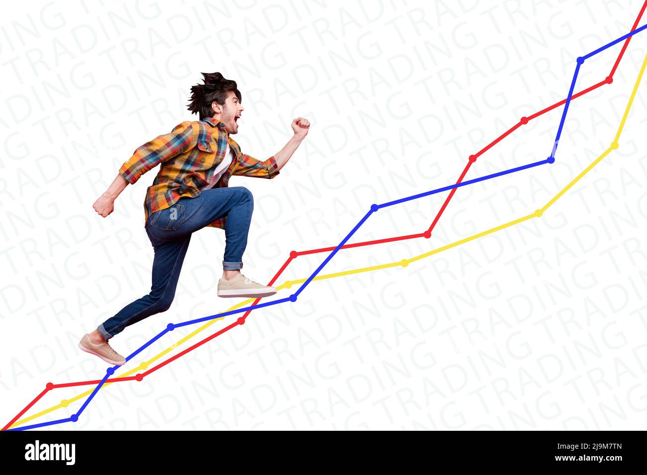 Creative banner poster of excited worker guy have urgency run upward ...