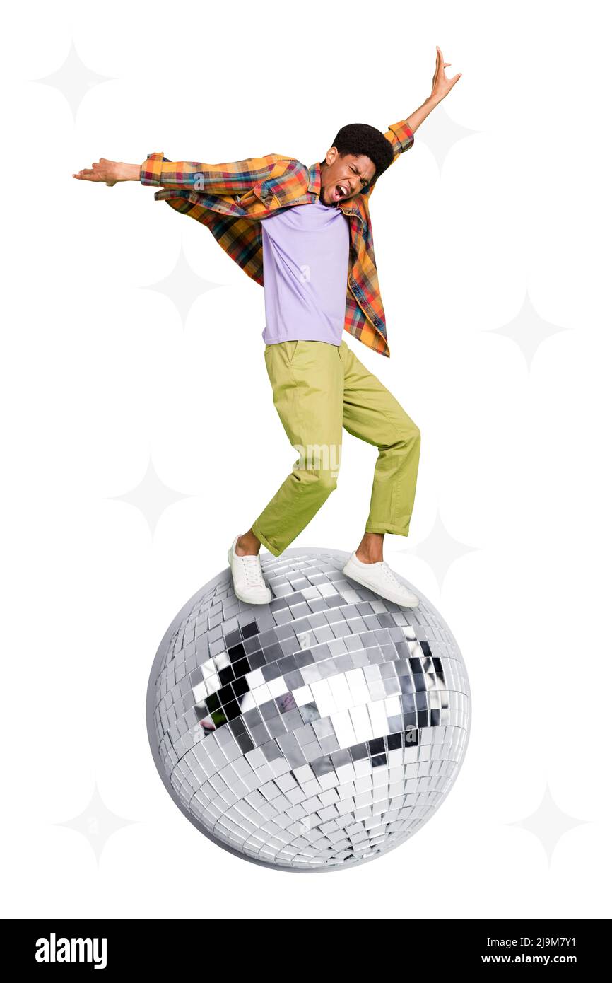 Creative artwork sketch of energetic guy hipster enjoy rock music dance ...