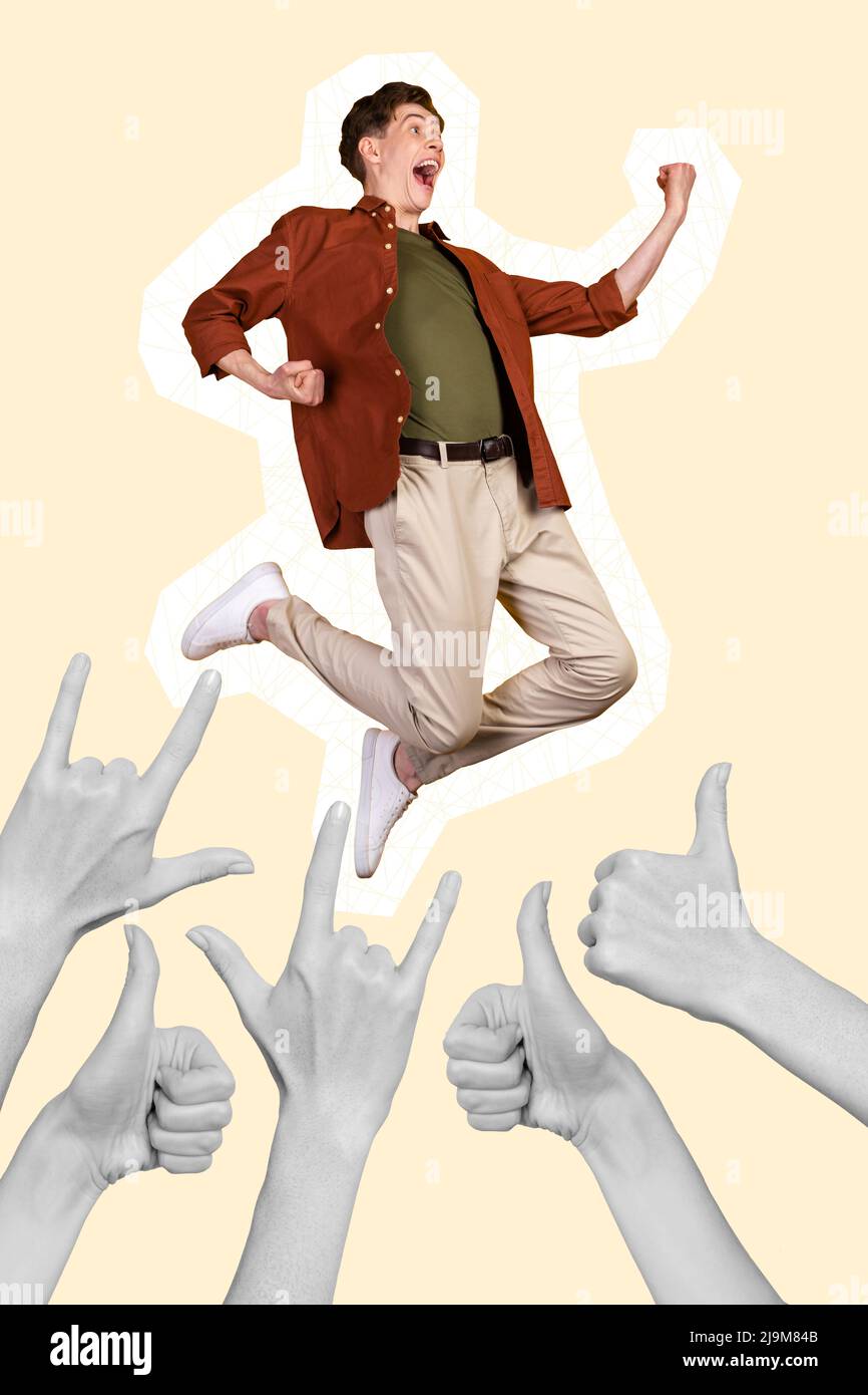 Creative magazine poster of worker guy win goal target ambition jump ...