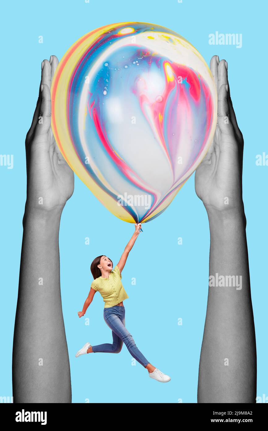 Creative artwork collage poster of kid hold huge air balloon fly high ...