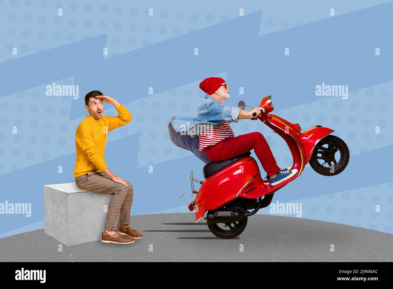 Creative 3d poster of professional biker old man doing tricks guy look ...