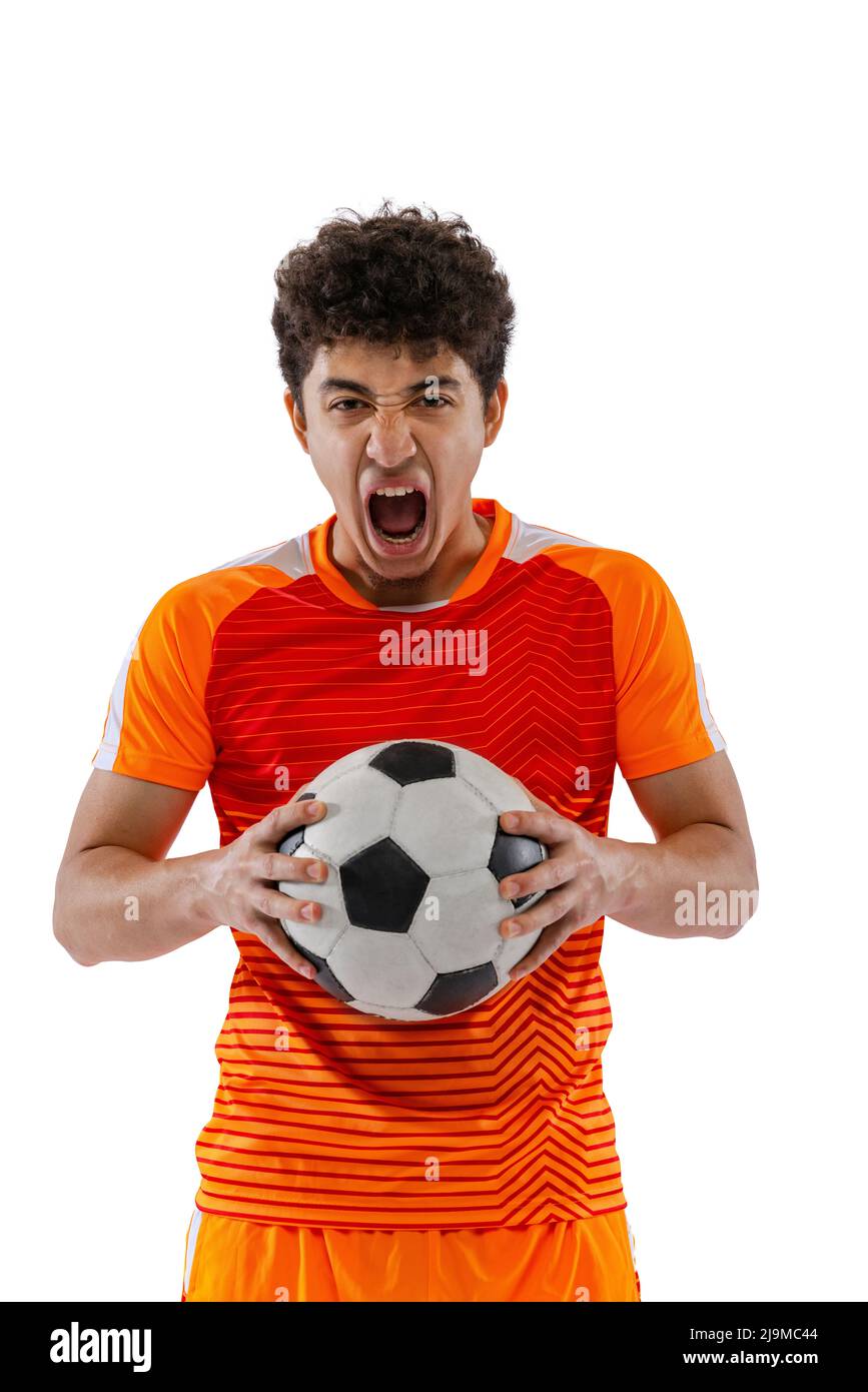 Winner emotions. Portrait of young man, football, soccer player posing ...