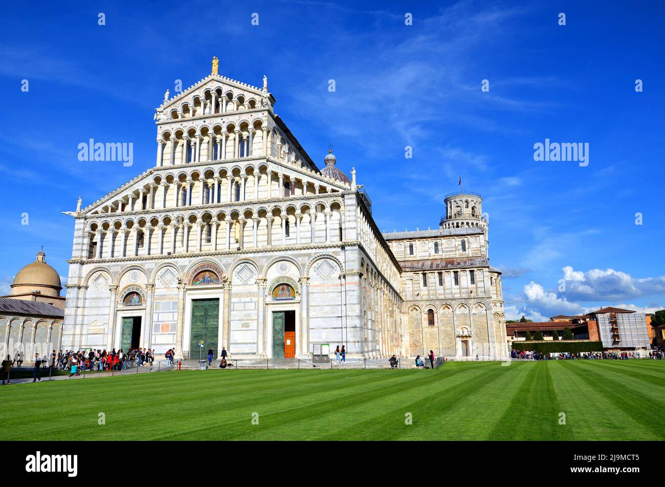 Cathedral with the Leaning tower of Pisa at the background with a ...