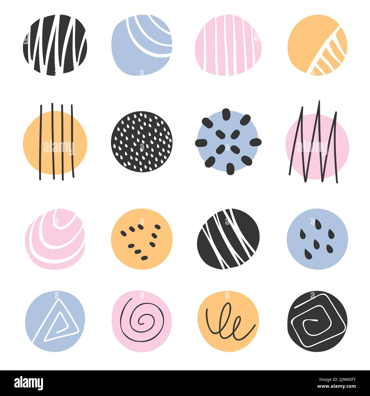 Abstract rounds set. Hand drawn doodle circle shapes with spots, drops ...