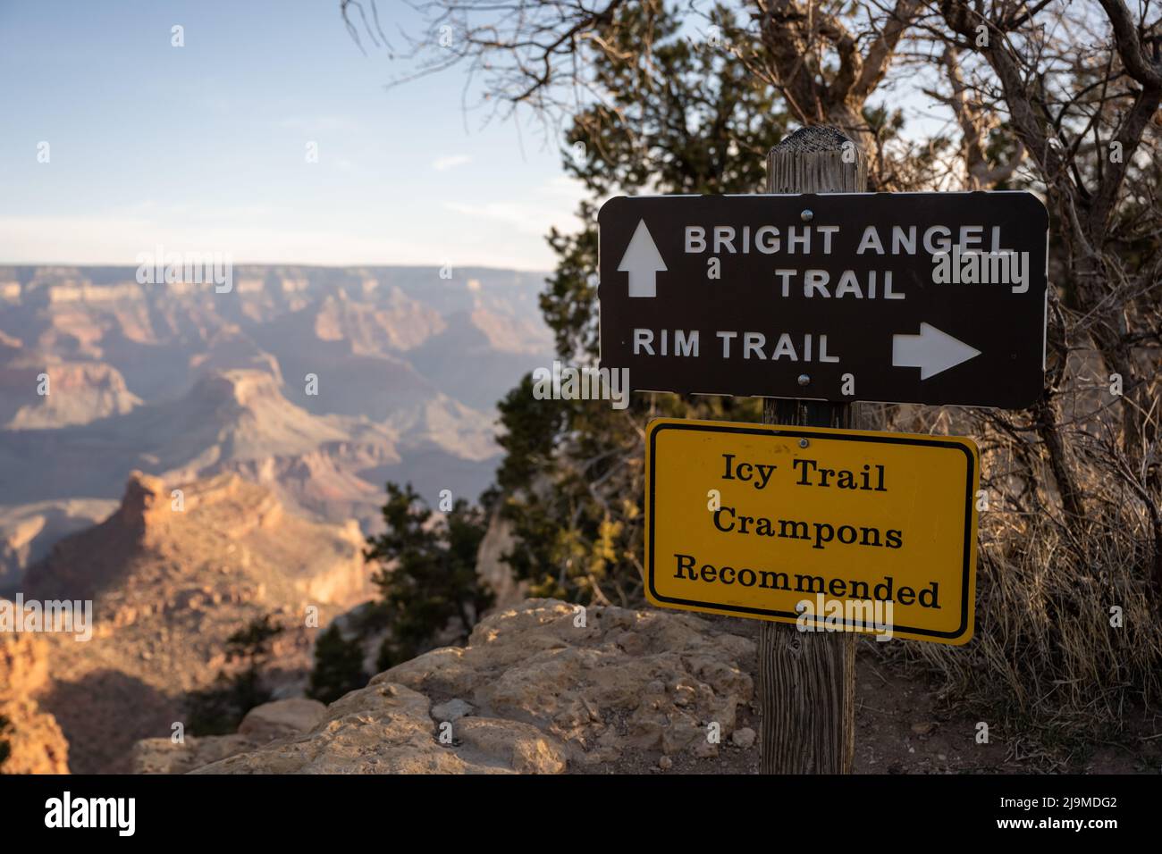 Sign At The Split of Bright Angel and Rim Trails points hikers in each ...