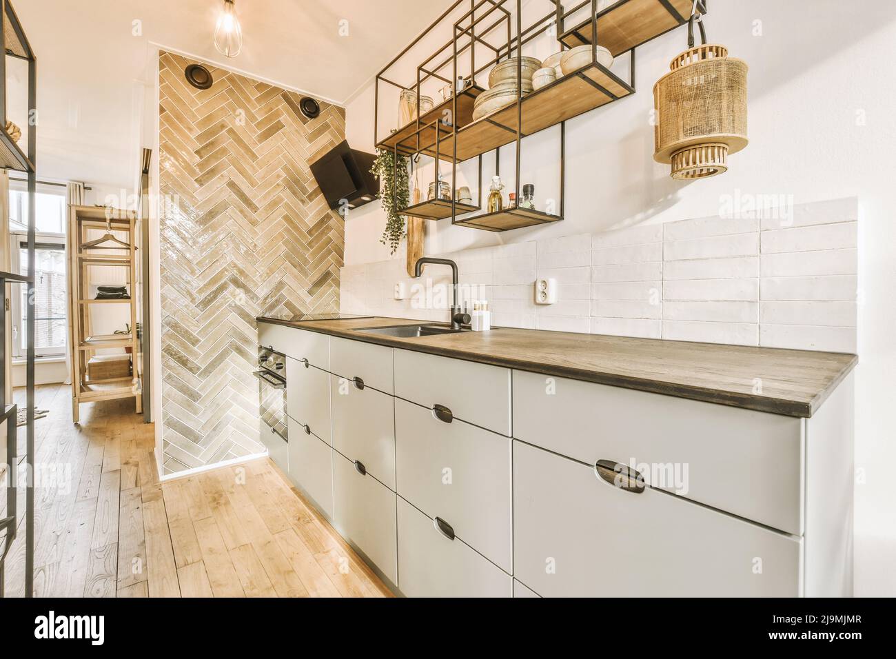 Modern light stylish kitchen cabinets with tiled wall an sink placed at ...