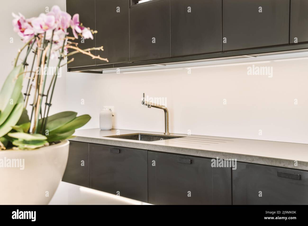 Sink and tap installed on counter under black cupboards inside ...