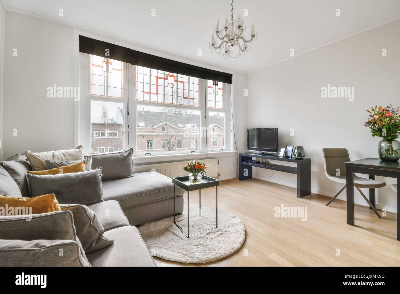 Comfortable sofa placed near rug in light spacious living room with ...