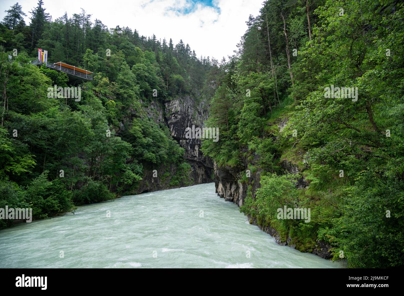 Aare Gorge, blue alpine river between narrow rocky cliffs covered with ...