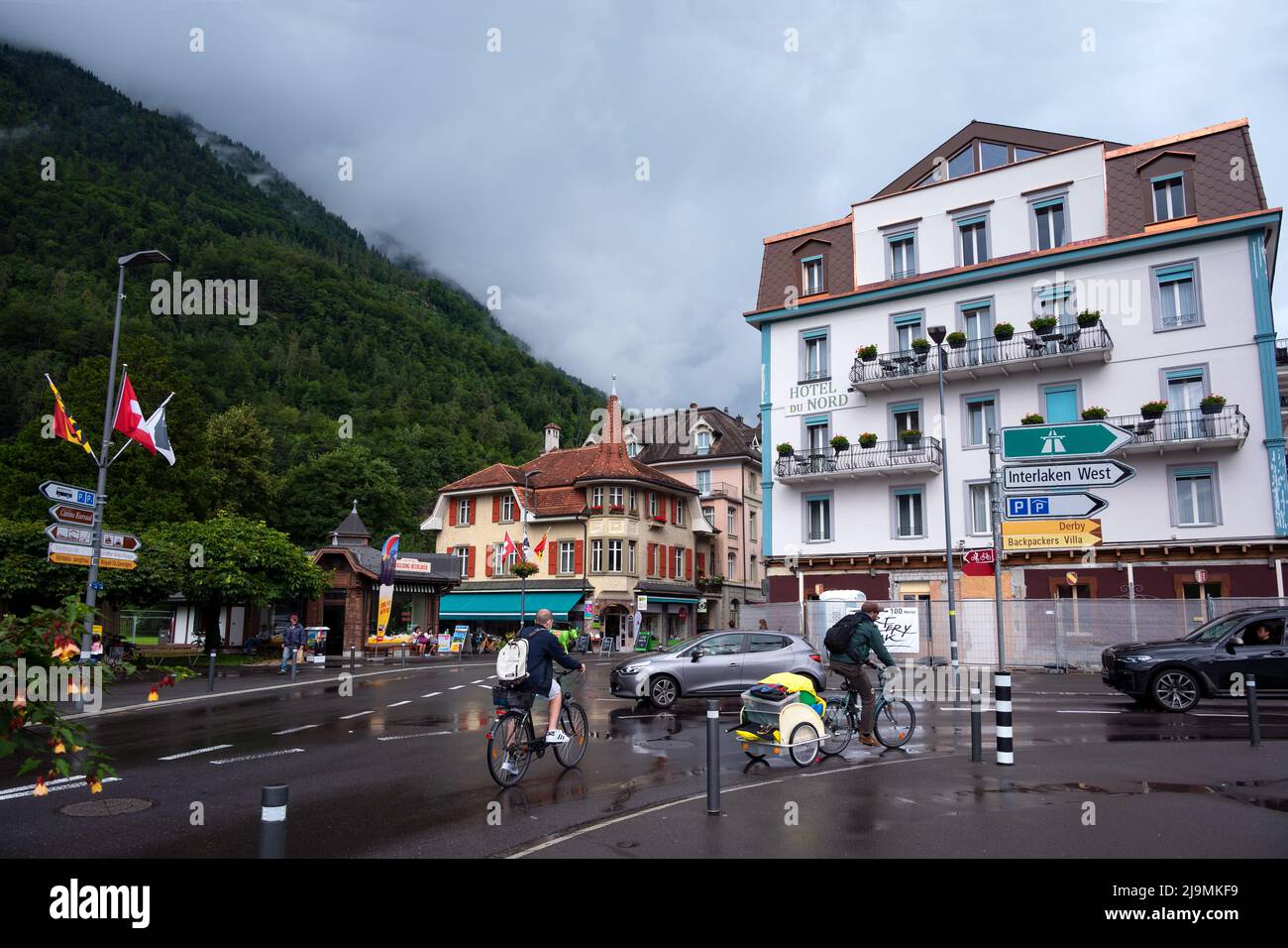 View of the central square in Interlaken with hotels and shops with ...