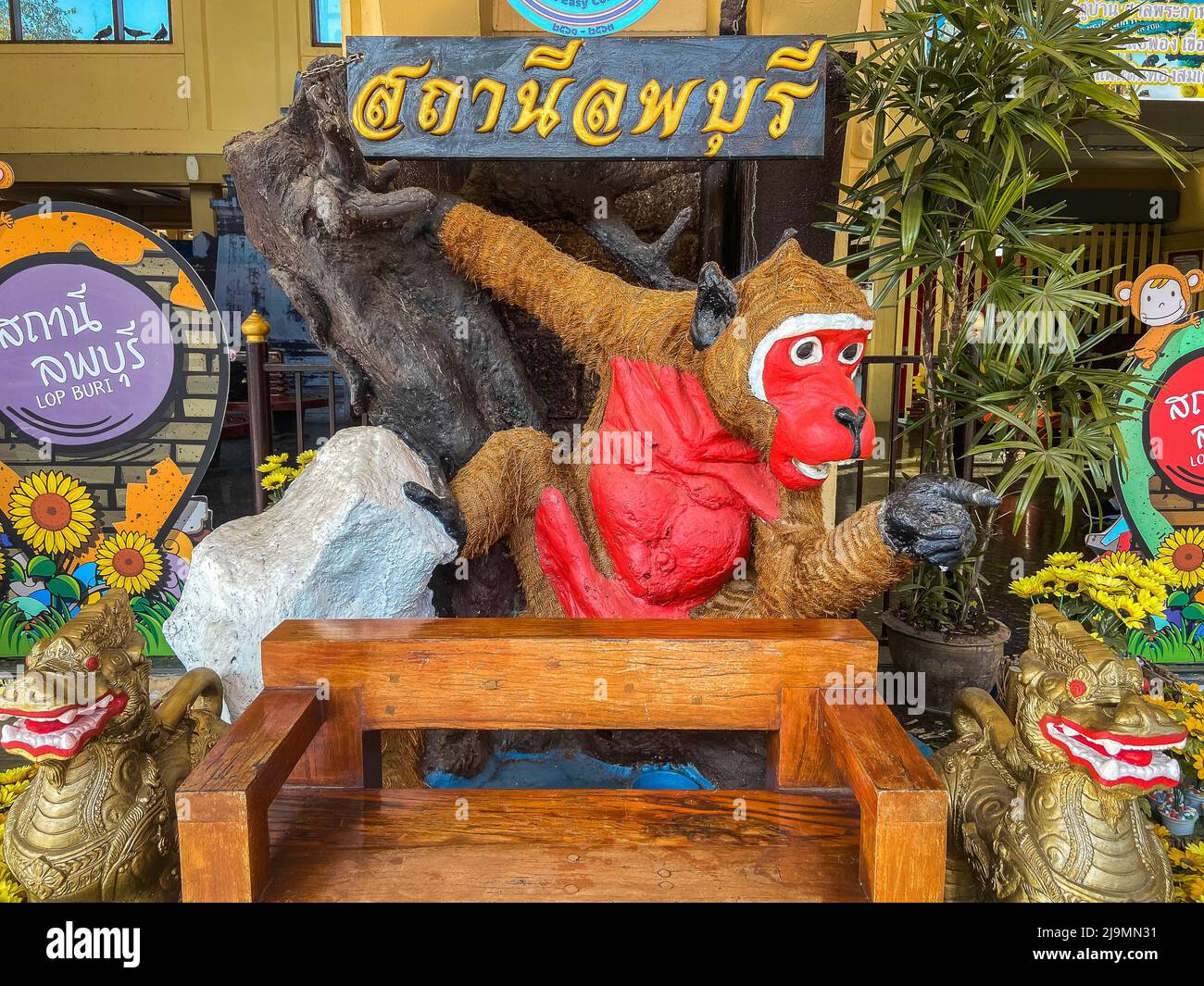 Pra Prang Sam Yod or Phra Prang Sam Yot ruin temple with monkeys, in ...