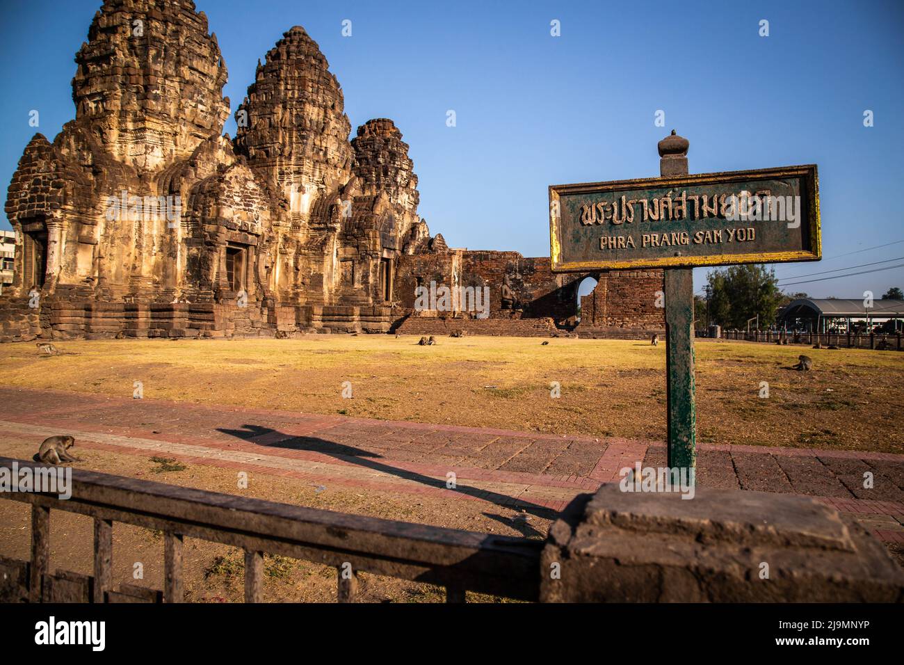 Pra Prang Sam Yod or Phra Prang Sam Yot ruin temple with monkeys, in ...