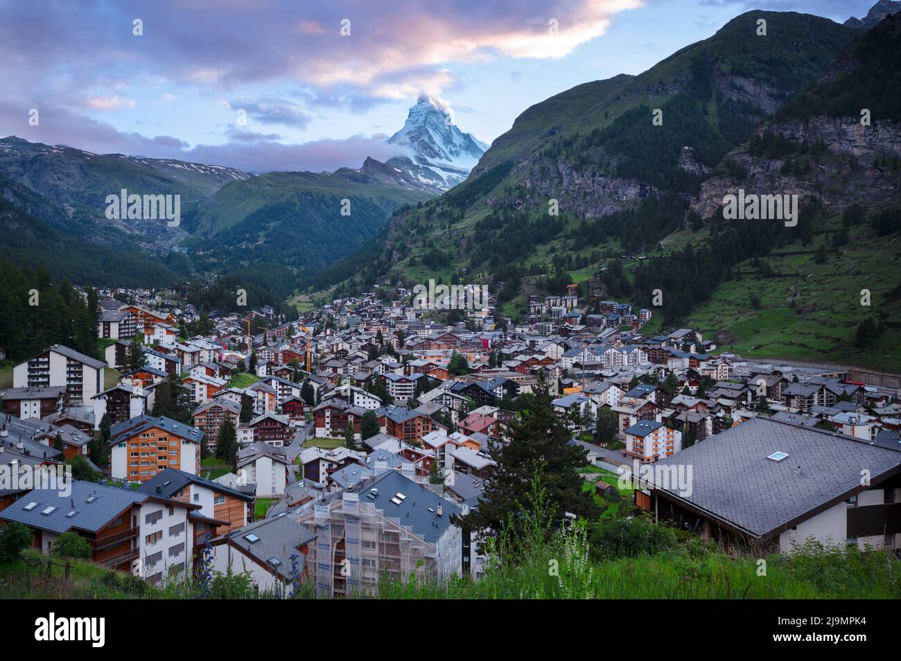 Aerial view of Zermatt city village Valley and Matterhorn Peak captured ...