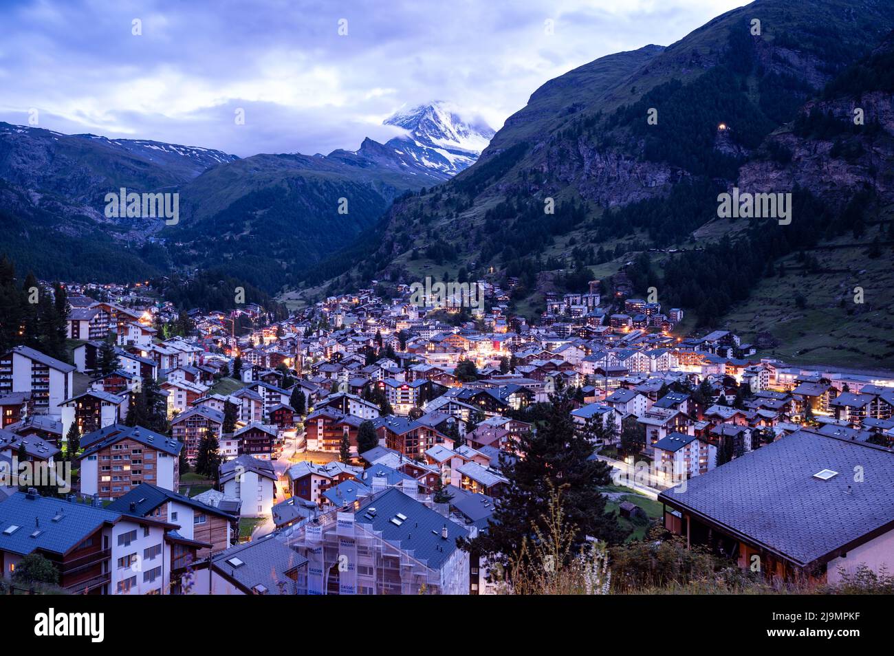 Aerial view of Zermatt city village Valley and Matterhorn Peak captured ...