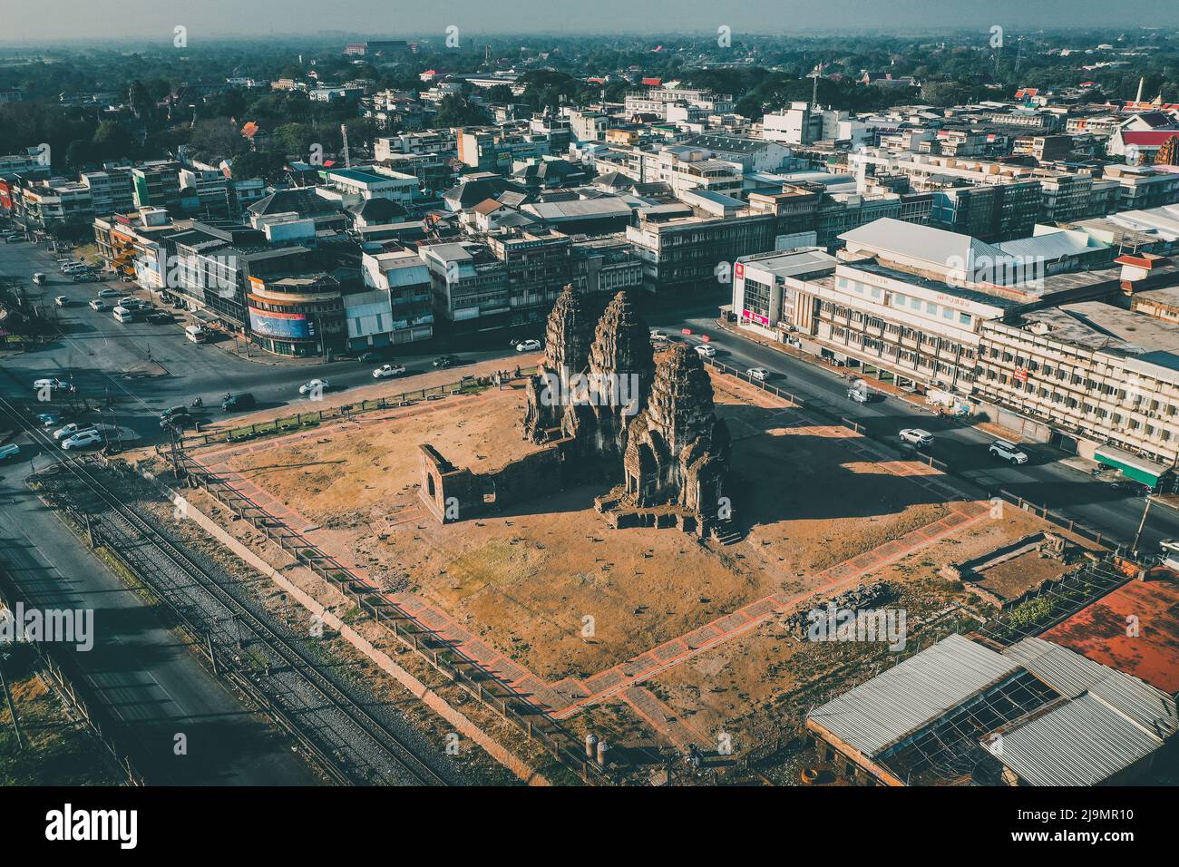 Aerial view of Pra Prang Sam Yod or Phra Prang Sam Yot ruin temple with ...