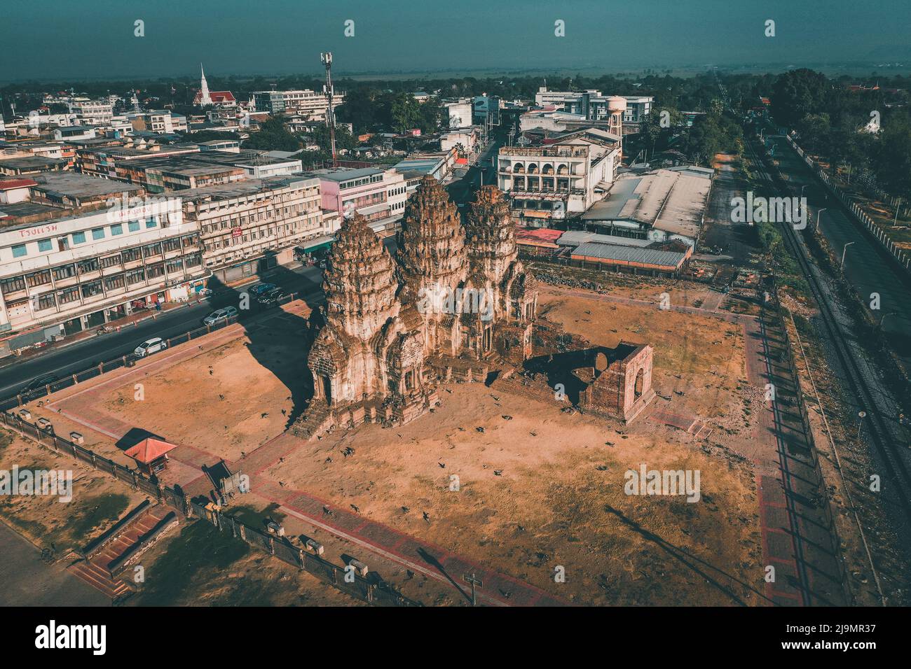 Aerial view of Pra Prang Sam Yod or Phra Prang Sam Yot ruin temple with ...