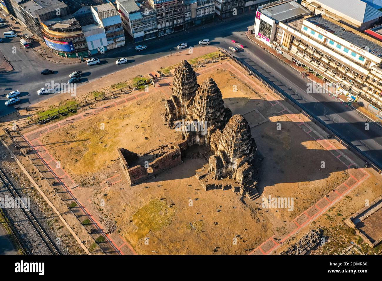 Aerial view of Pra Prang Sam Yod or Phra Prang Sam Yot ruin temple with ...
