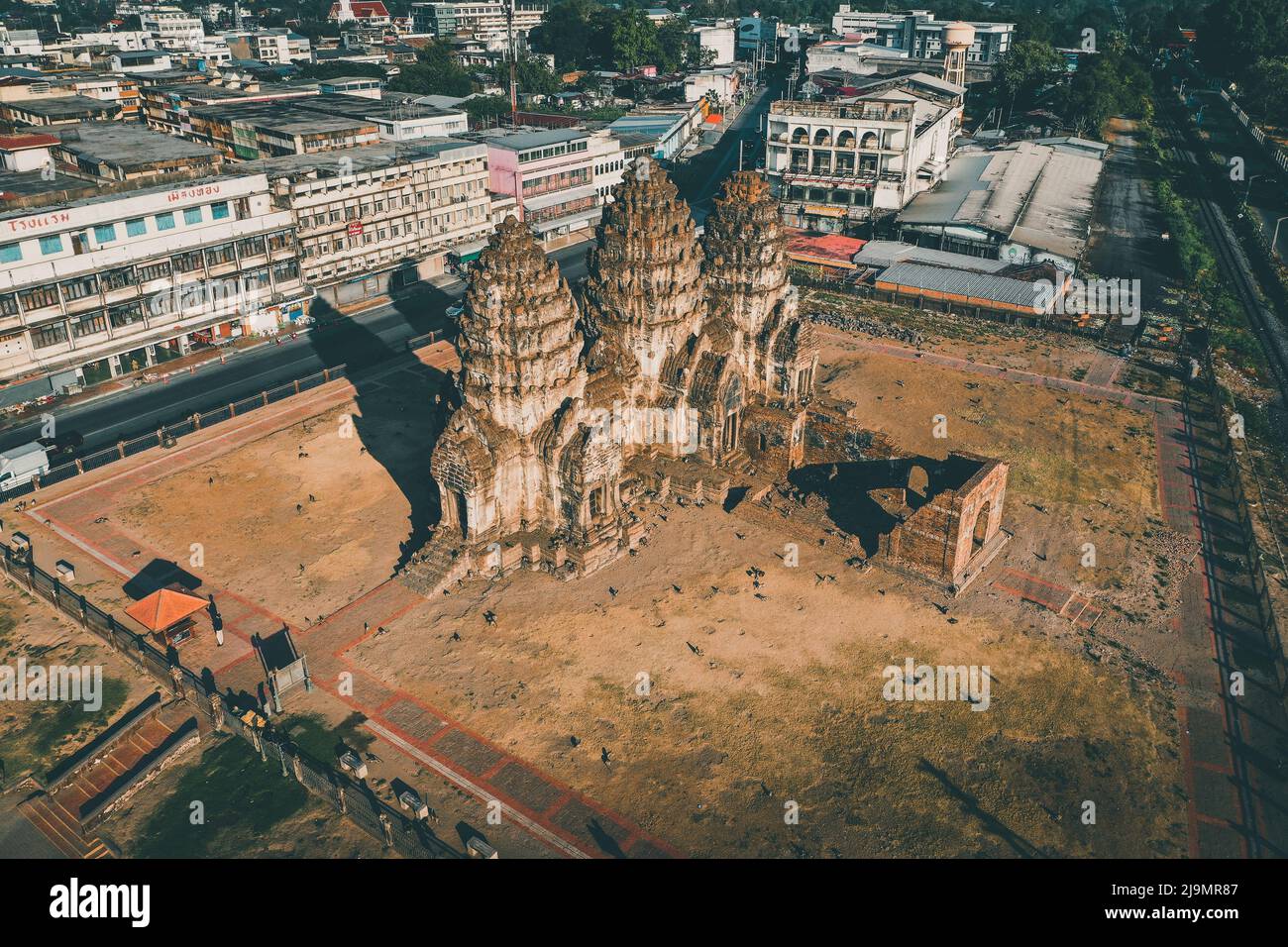 Aerial view of Pra Prang Sam Yod or Phra Prang Sam Yot ruin temple with ...