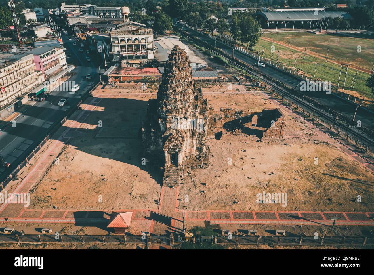 Aerial view of Pra Prang Sam Yod or Phra Prang Sam Yot ruin temple with ...