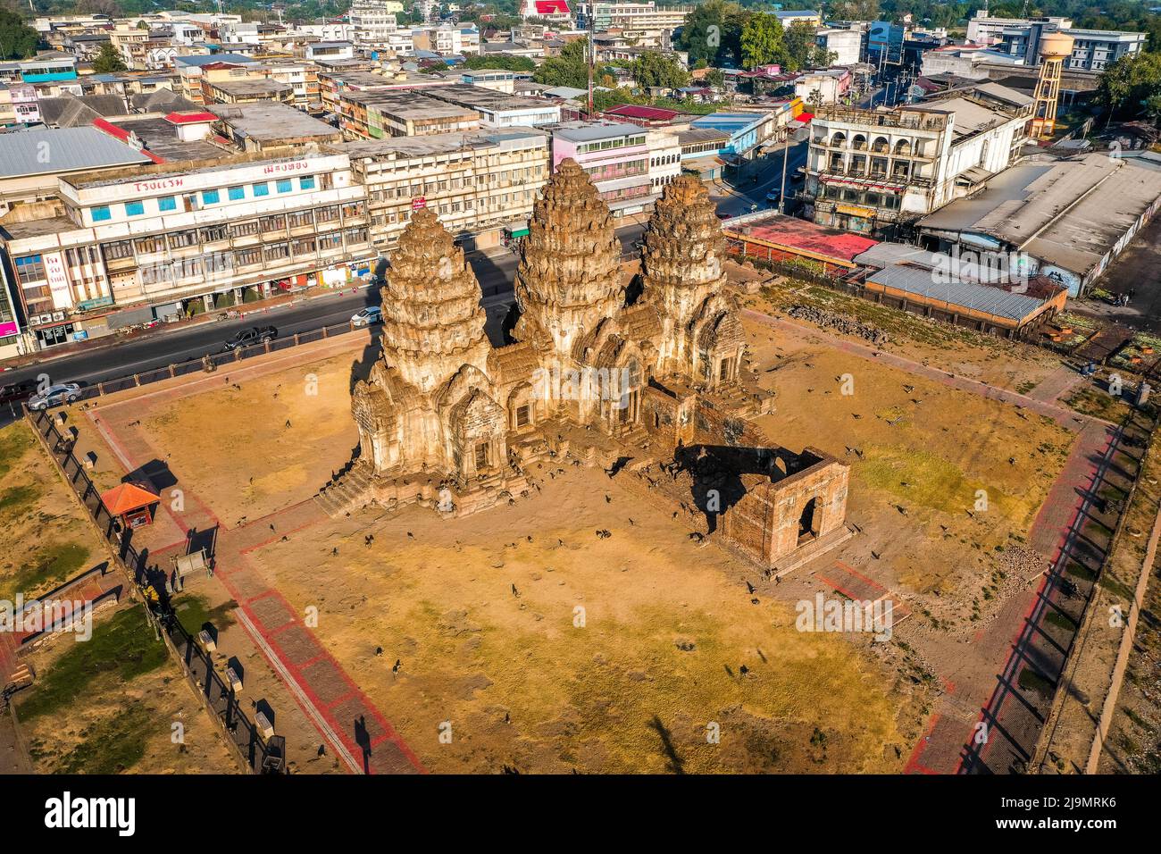 Aerial view of Pra Prang Sam Yod or Phra Prang Sam Yot ruin temple with ...
