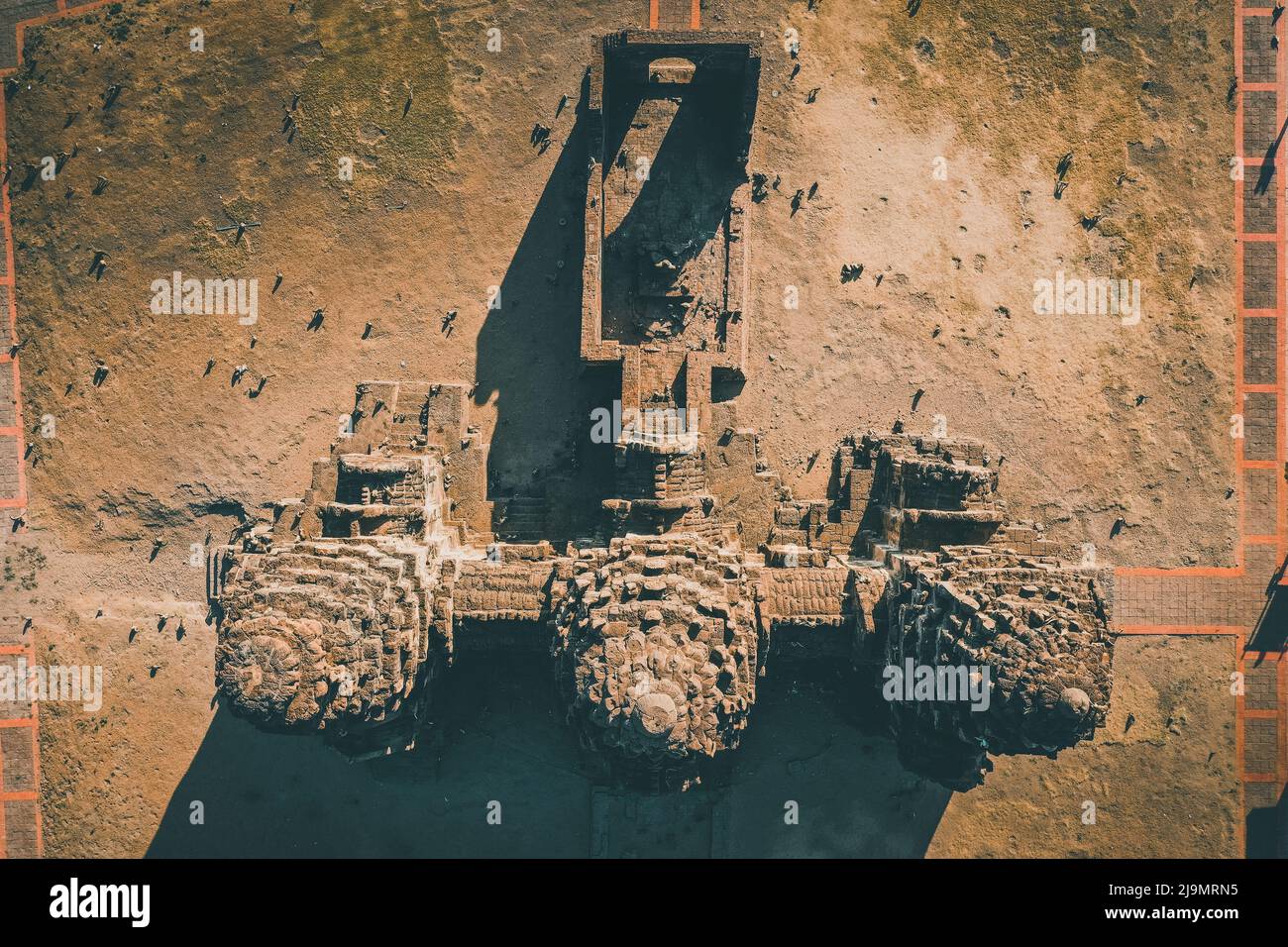 Aerial view of Pra Prang Sam Yod or Phra Prang Sam Yot ruin temple with ...