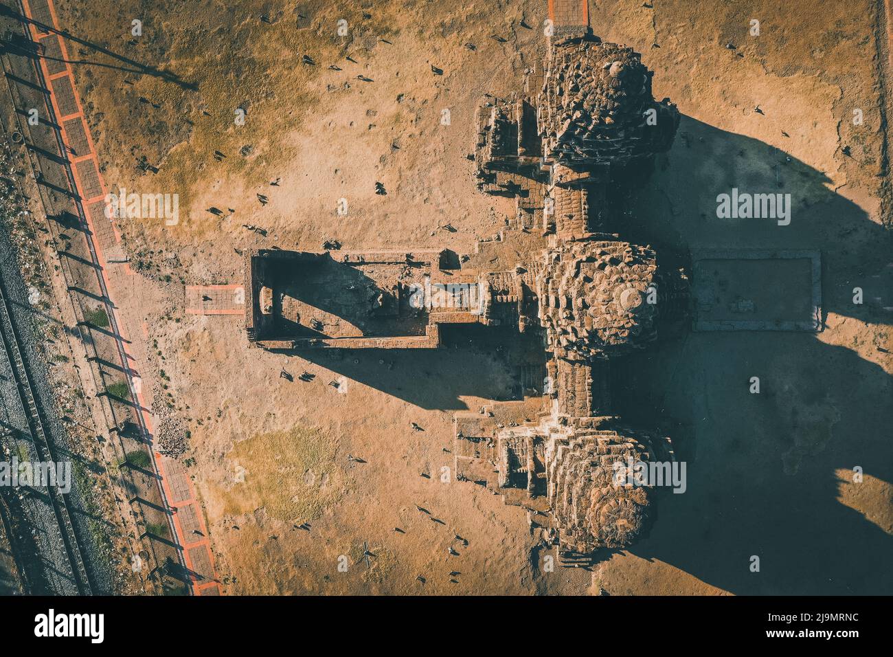 Aerial view of Pra Prang Sam Yod or Phra Prang Sam Yot ruin temple with ...