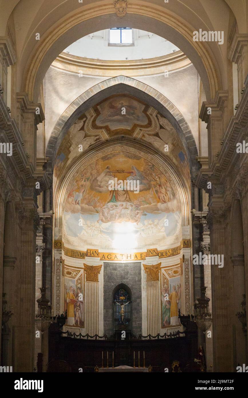 Looking towards the altar, ceiling dome, decorated semicircular apse at ...