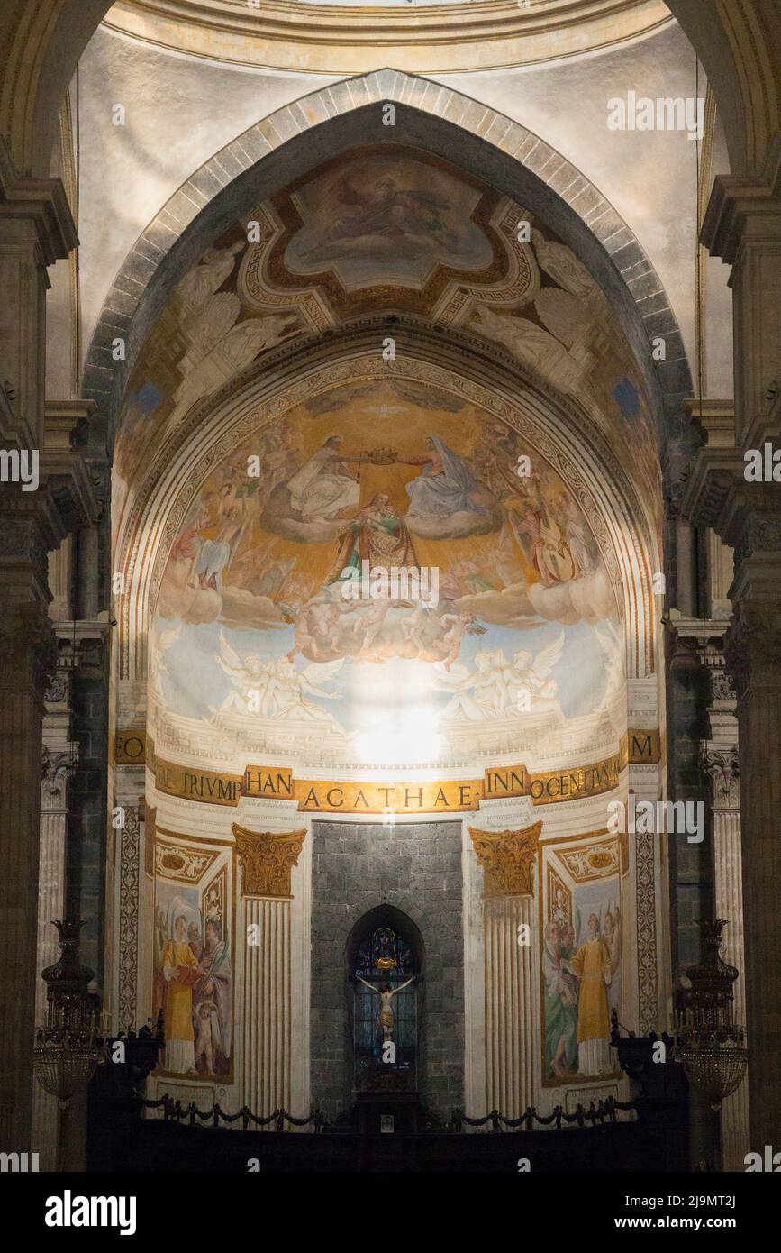 Looking towards the altar, ceiling dome, decorated semicircular apse at ...