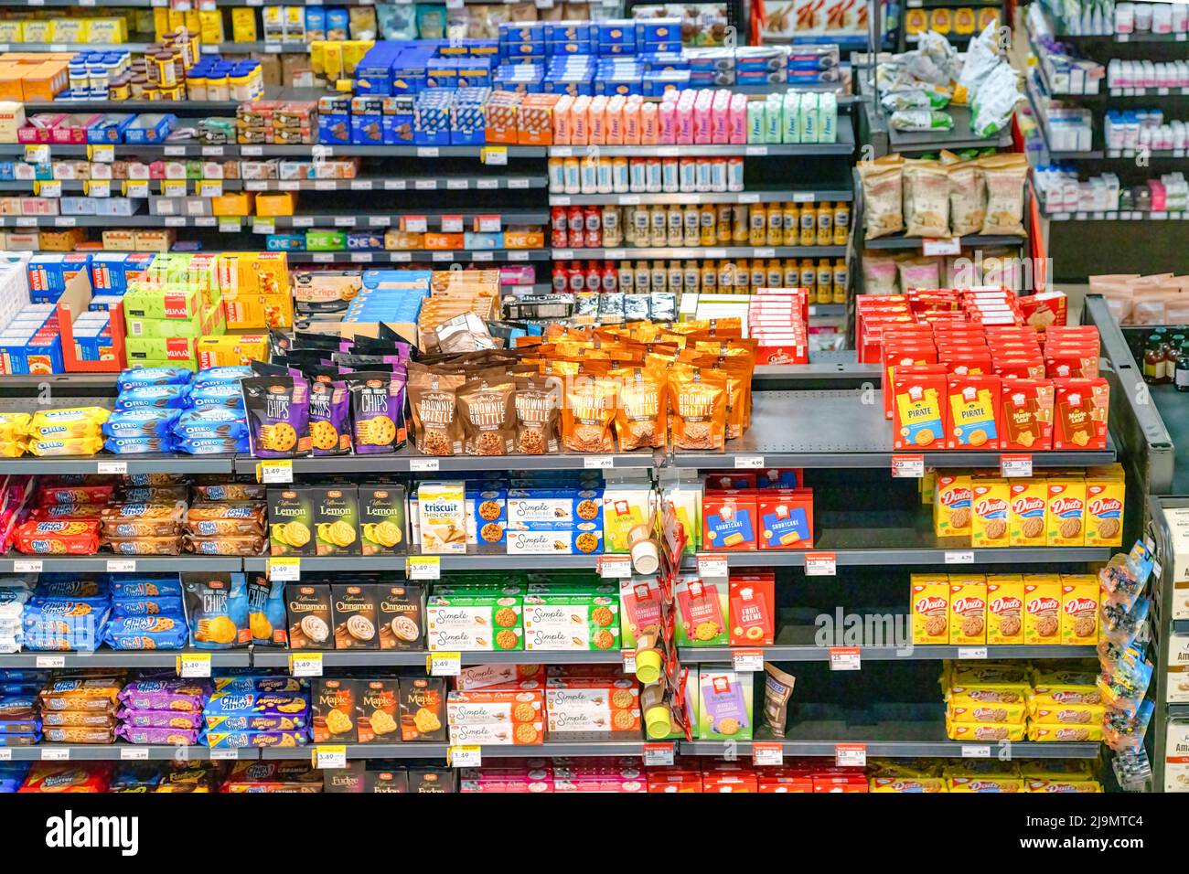 High angle view of merchandise inside a grocery store. The products are ...