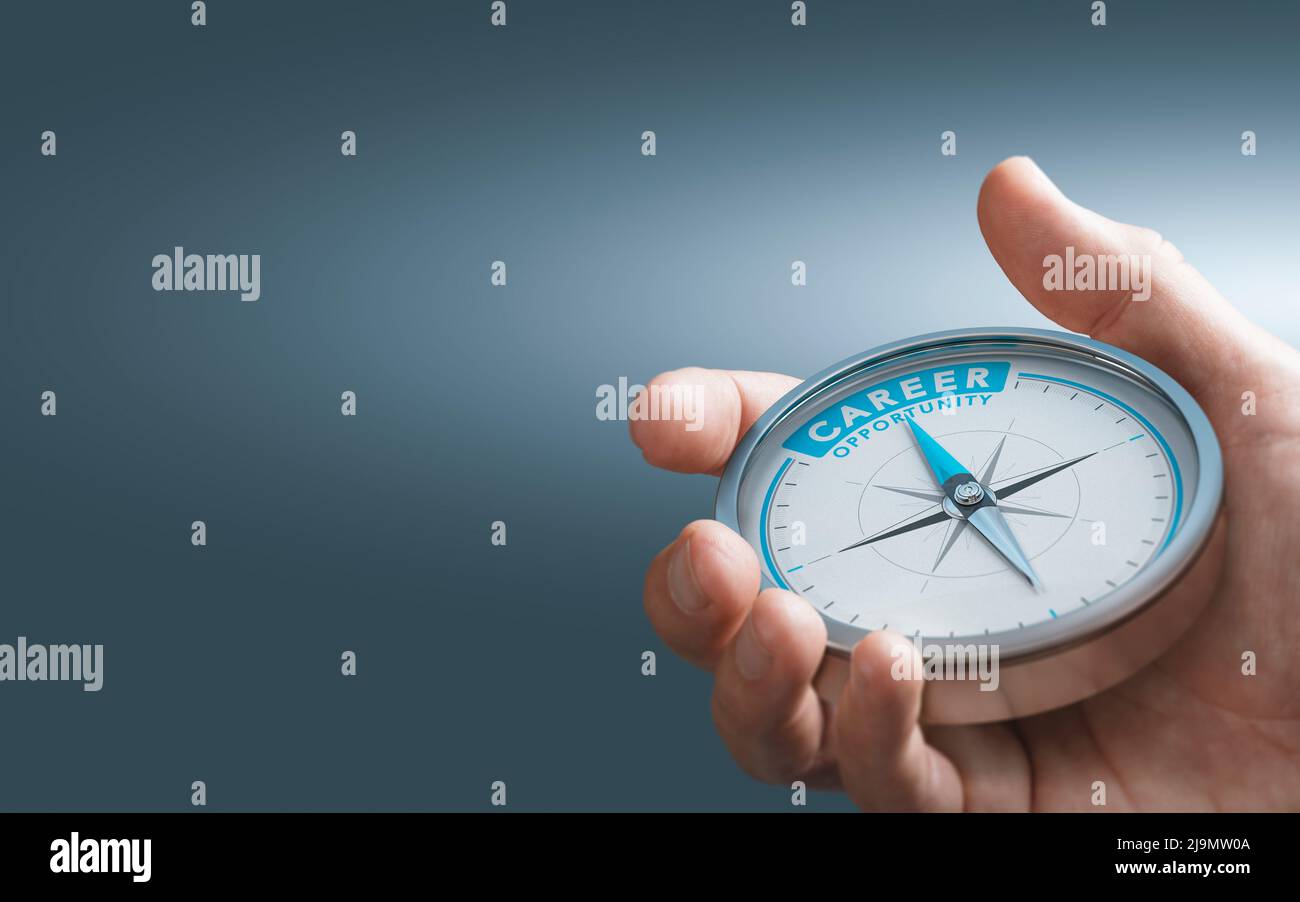 Hand holding compass with needle pointing the text career opportunity ...