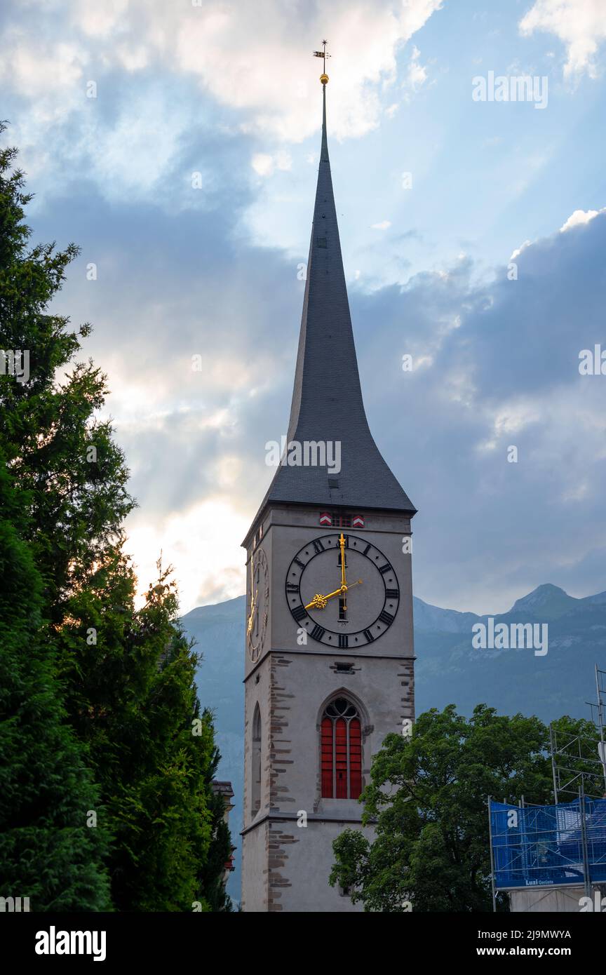 View of St. Martin’s Church at the central square of Chur, Switzerland ...