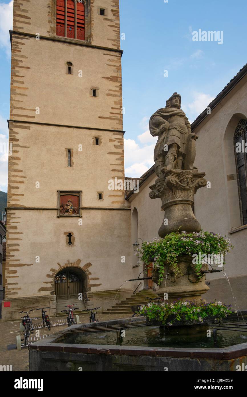 View of beautiful medieval buildings at the central square of Chur ...