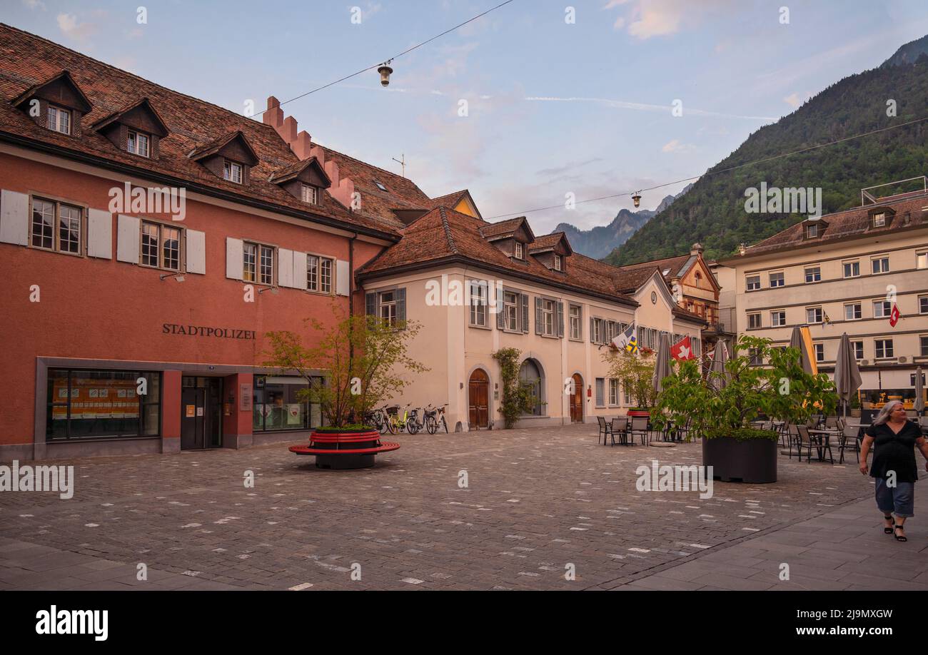 View of beautiful medieval buildings at the central square of Chur ...