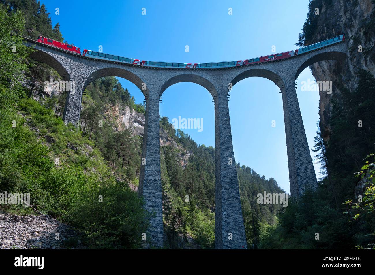 The famous Landwasser viaduct limestone bridge near Filisur town in the ...