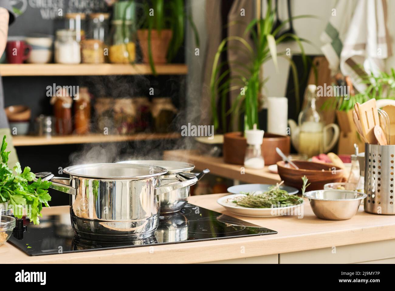 Horizontal shot of saucepans or pots with hot boiling water on modern ...