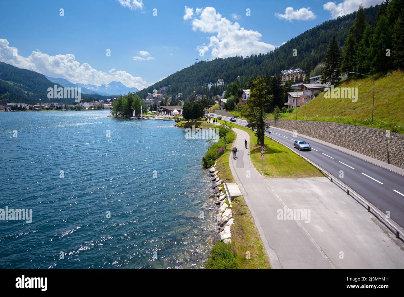 View of the beautiful village of St. Moritz surrounded by alpine ...