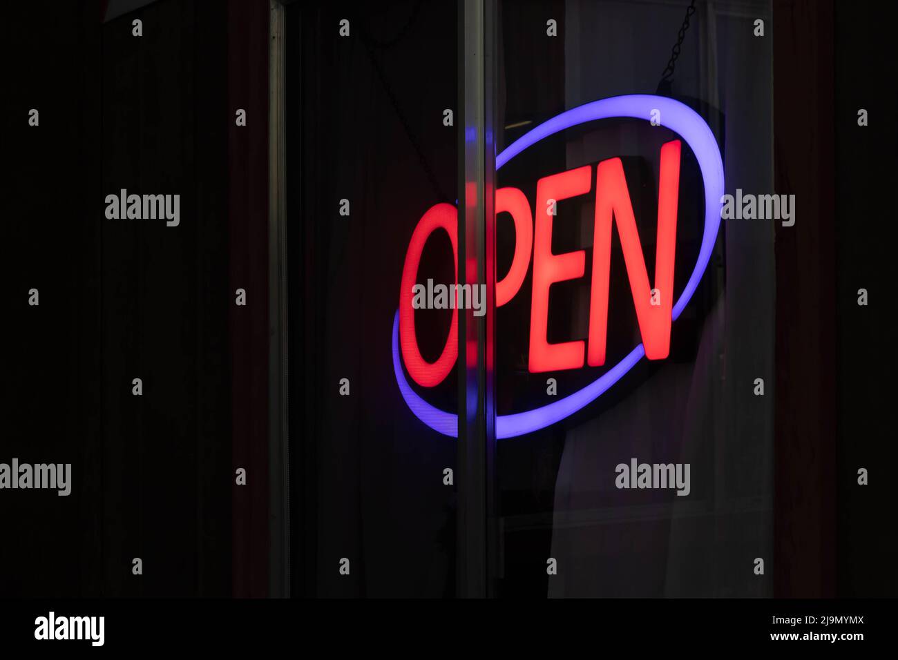 OPEN restaurant neon sign in night time with blank copy space, black ...