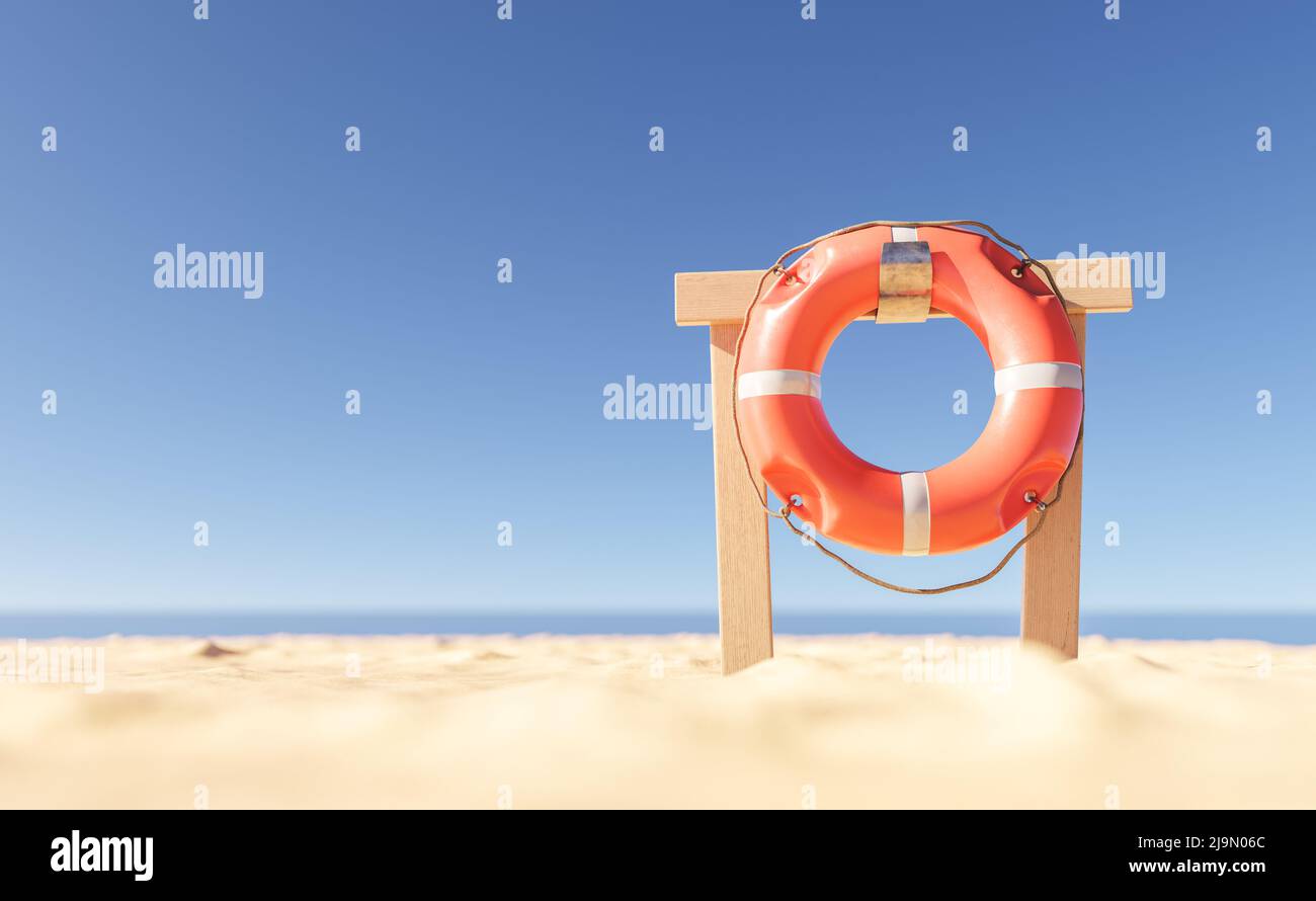3D illustration of wooden rack with life saving buoy installed on sandy ...