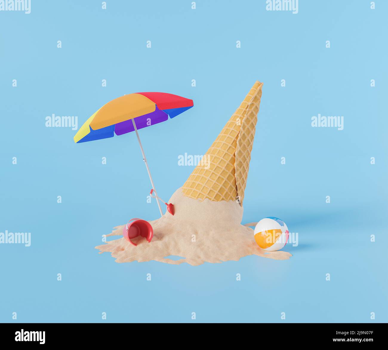3d rendering of an ice cream cone with sand ball and beach toys around ...