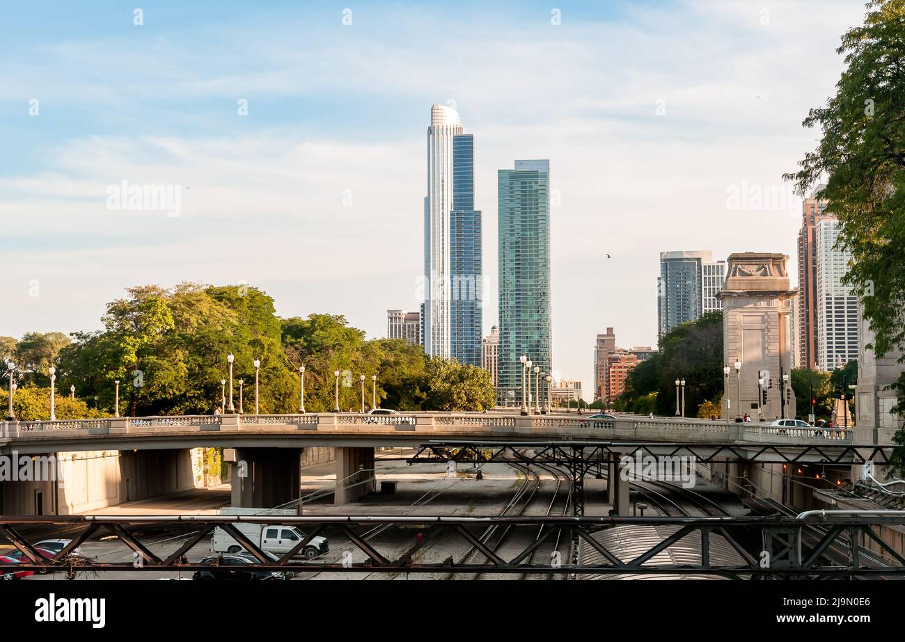 Skyscrapers behind the bridge in Chicago downtown, Illinois, USA Stock ...