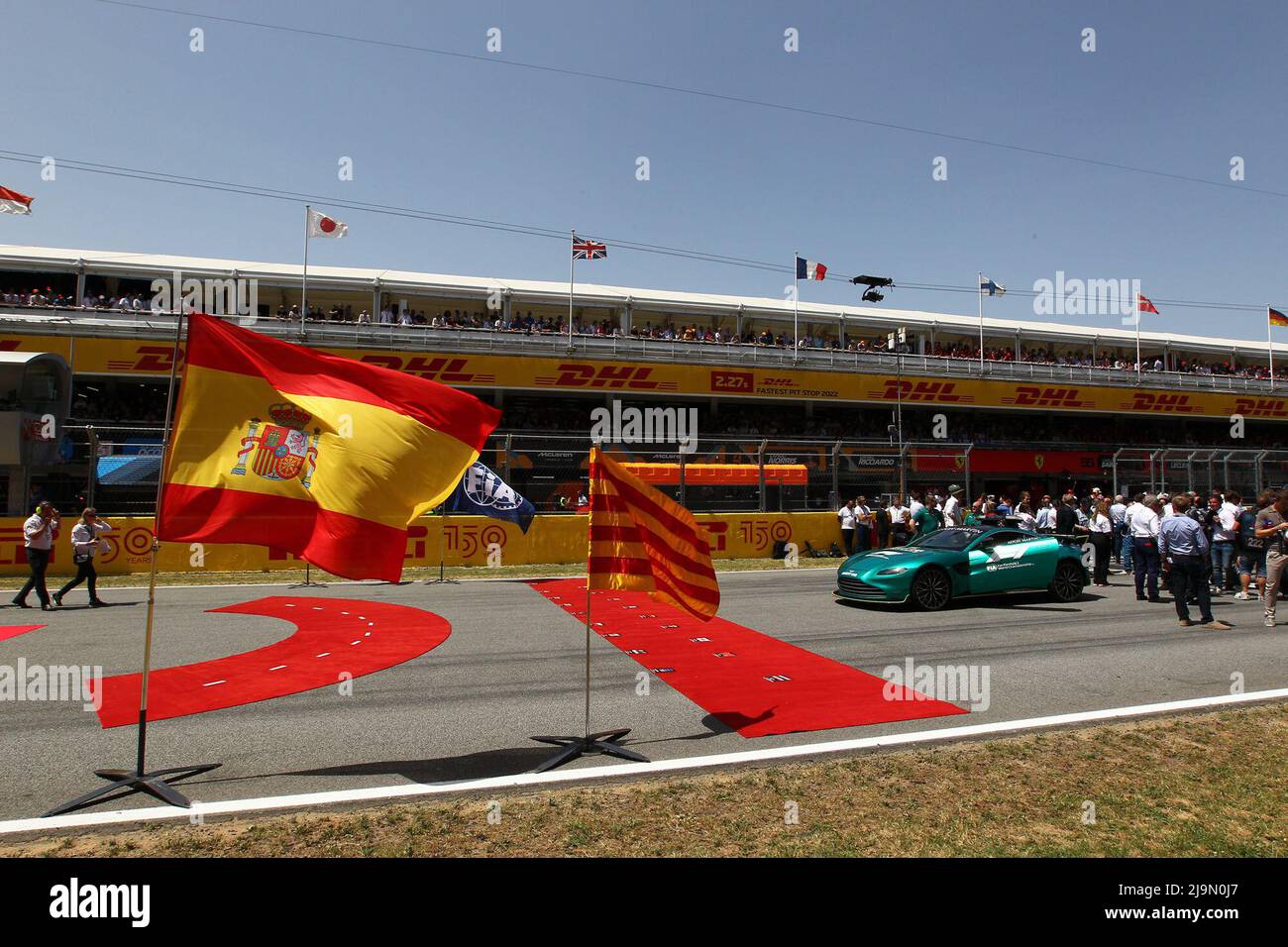 Barcelona, Spain. 22nd May, 2022. Spanish and Catalonia flags on grid ...