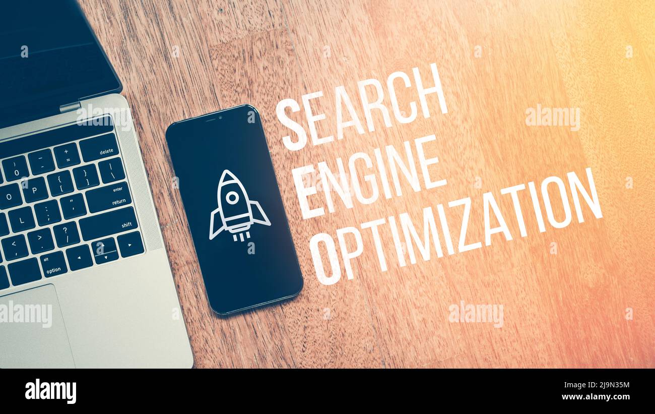 Concept Search Engine Optimization or SEO. Text with rocket icon on ...