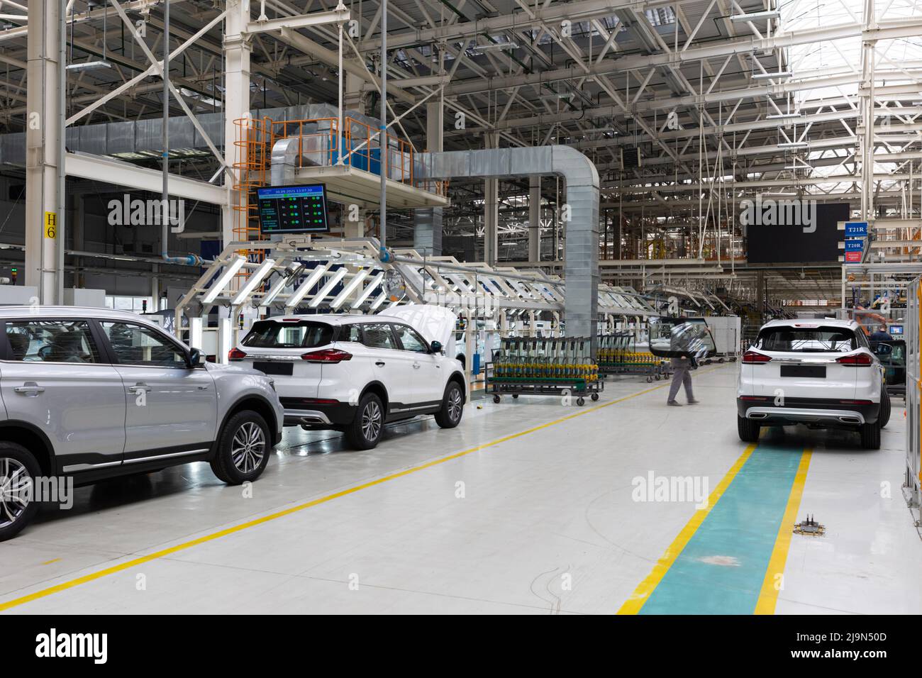 Automobile production line. Modern car assembly plant. Interior of a ...