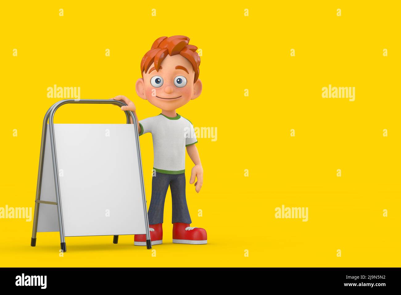 Cartoon Little Boy Teen Person Character Mascot with White Blank Advertising Promotion Stand on ...